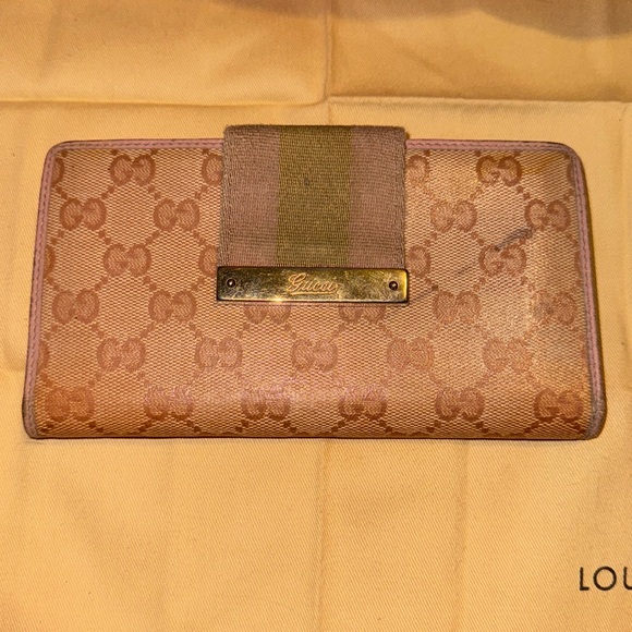 Gucci | Bags | Gucci Monogram Pink And Gold Long Wallet | Poshmark